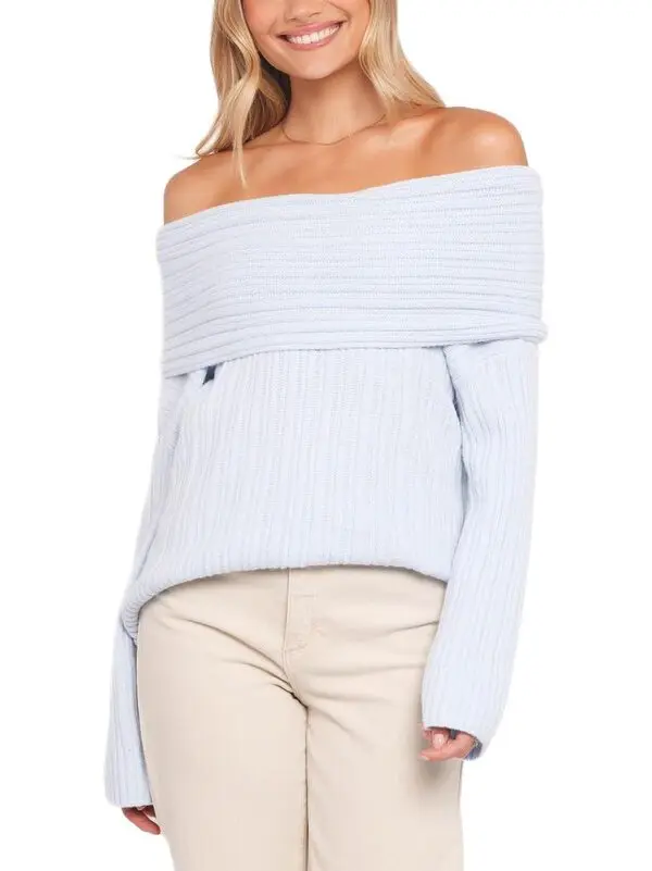 PETAL & PUP Kenny Off-the-shoulder Ribbed Sweater - Pale Blue