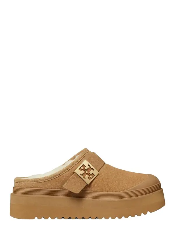 Tory Burch Mellow Suede Shearling Platform Loafer Mules - Light Brown