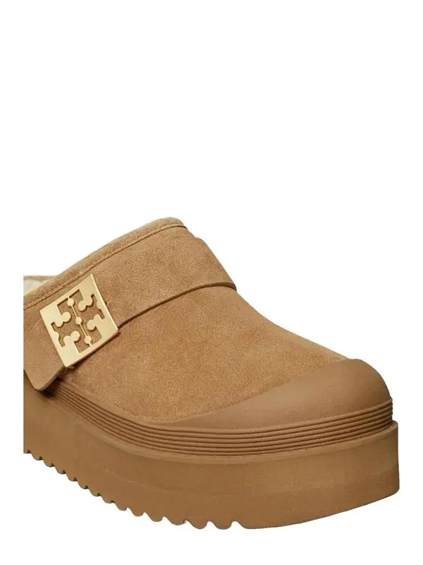Tory Burch Mellow Suede Shearling Platform Loafer Mules - Light Brown