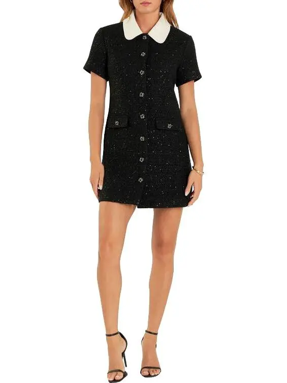 English Factory Sequin Tweed Mini Shirt Dress - Black