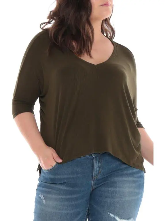 SLINK JEANS Ribbed V-neck Top - Dark Olive