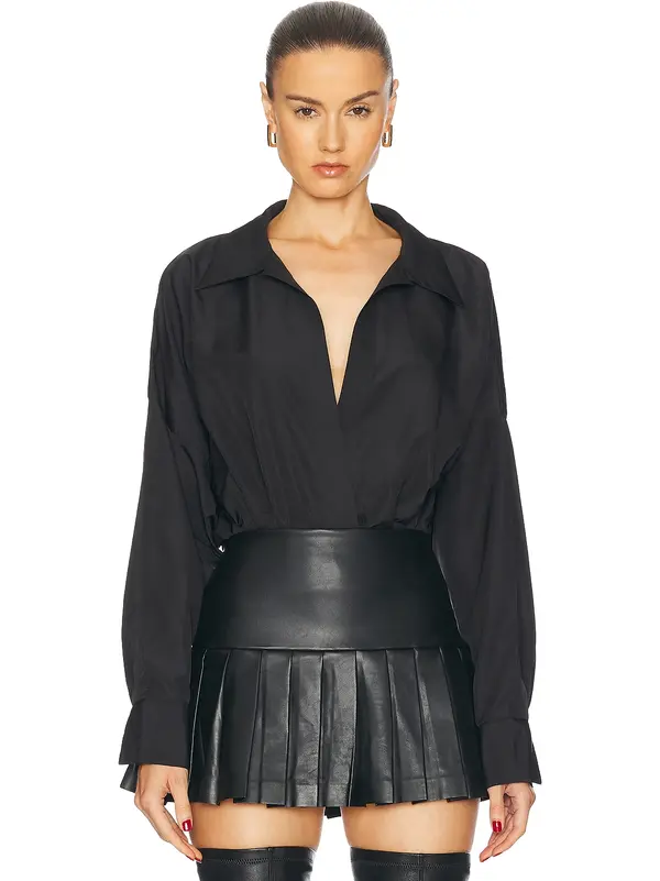 Norma Kamali Super Oversized Boyfriend Shirt Bodysuit - Black
