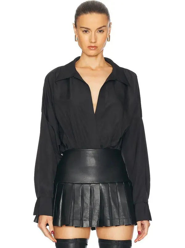 Norma Kamali Super Oversized Boyfriend Shirt Bodysuit - Black