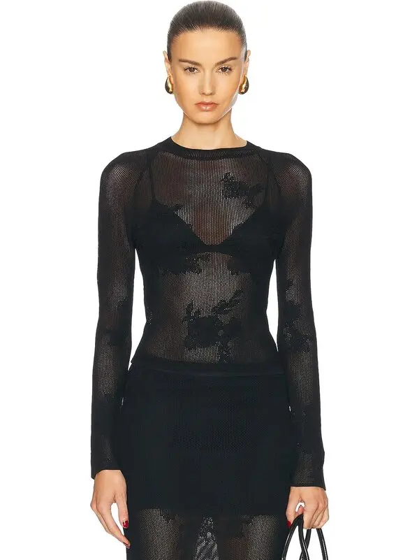 FLEUR DU MAL Lace Pointelle Long Sleeve Top - Black