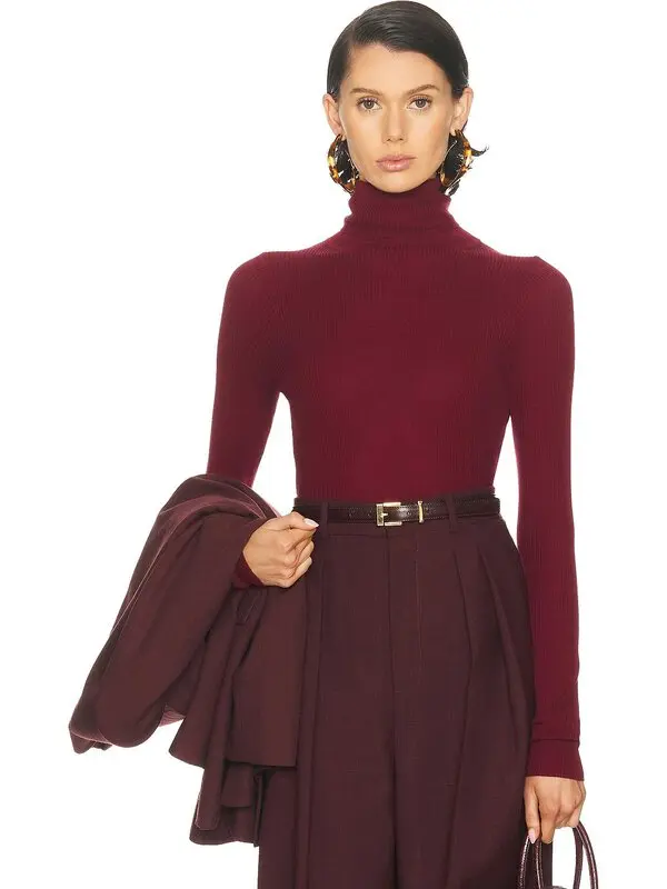Enza Costa Silk Ribbed Turtleneck Top - Barolo