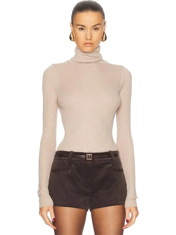 Enza Costa Silk Ribbed Turtleneck Top - Jute
