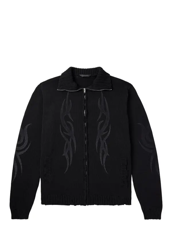 Balenciaga Oversized Distressed Printed Knitted Zip-up Cardigan - Black