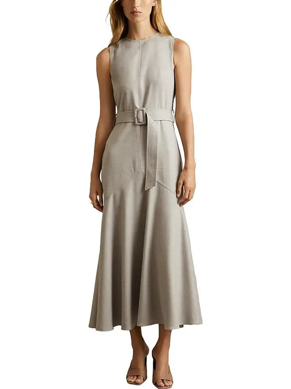 REISS Danni Cap-sleeve Belted Midi Dress - Grey