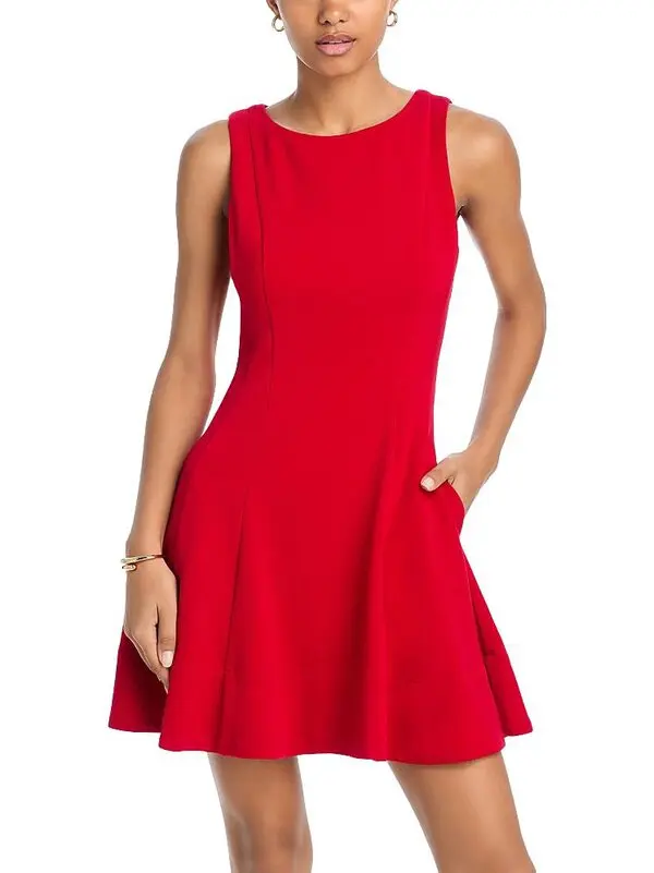 Aqua Crepe Boat Neck Mini Dress - Red