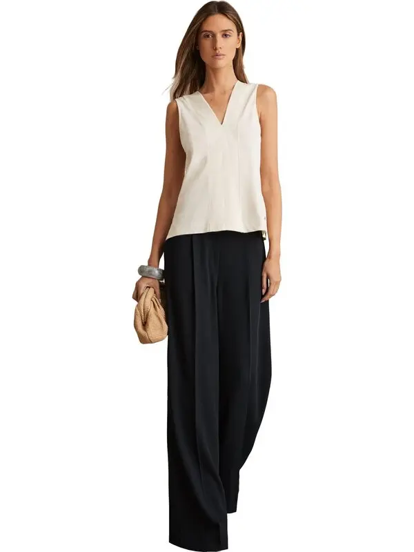 REISS Eden Petite Elasticated-waist Wide-leg Trousers - Navy