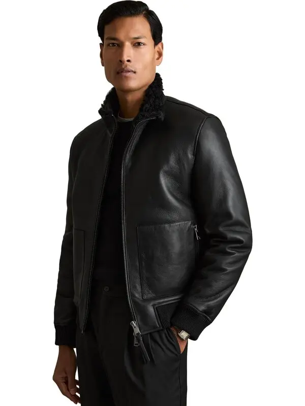 REISS Curtis Shearling-lined Leather Jacket - Black