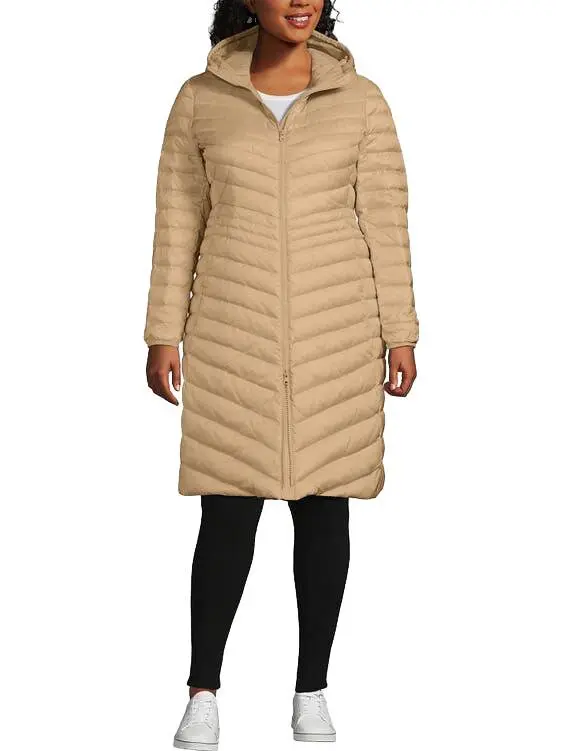 LANDS' END Ultralight Packable Long Down Coat - Champagne Shine