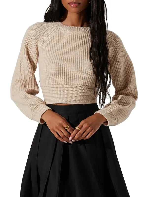 Astr The Label Eila Bow Back Wool Blend Crop Sweater - Cream