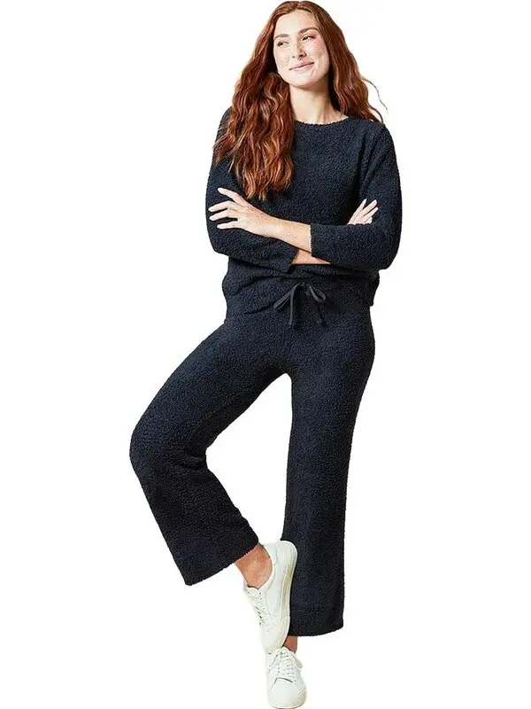 SOFTIES Solid Marshmallow Reverse Seam Crew Neck Lounge Set With Bracelet Sleeve - Black