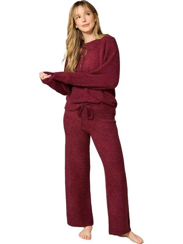 SOFTIES Solid Marshmallow Reverse Seam Crew Neck Lounge Set With Bracelet Sleeve - Cherry Cola