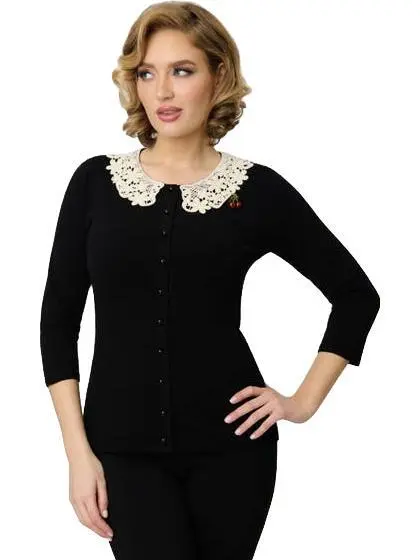 Unique Vintage Embroidered Cardigan - Black W/lace Collar Trim