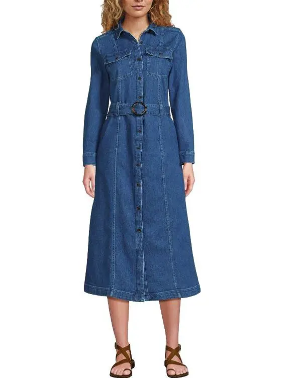 LANDS' END Soft Denim Midi Shirt Dress - Indigo Tide Blue