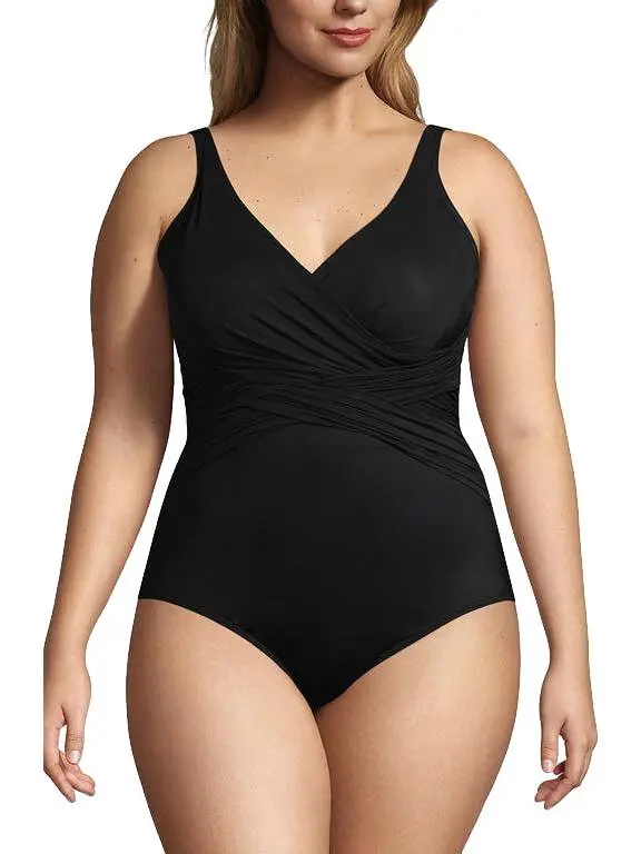 LANDS' END Slendersuits Wrap One-piece Swimsuit - Black