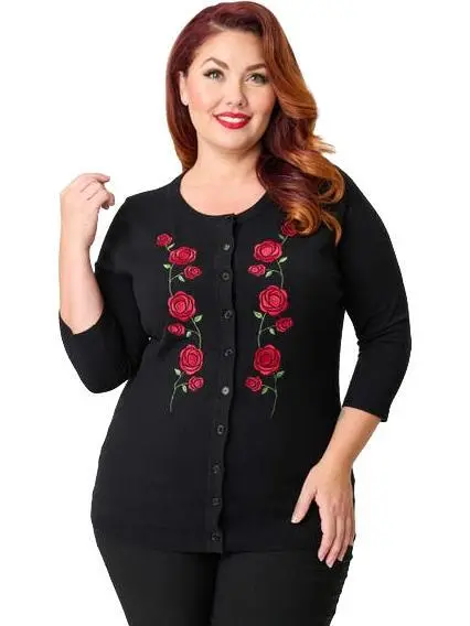 Unique Vintage Embroidered Knit Cardigan - Black & Red Roses