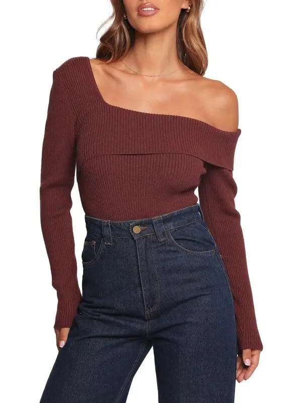 PETAL & PUP Aleena One-shoulder Ribbed Sweater - Chocolate Brown