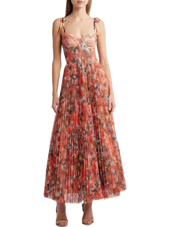 HUTCH Smocked Tulle Gown - Orange Painted Lush Tropical
