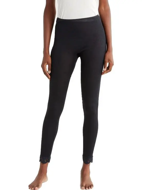 Hanro Lace Trim Rib Merino Wool & Silk Pajama Leggings - Black