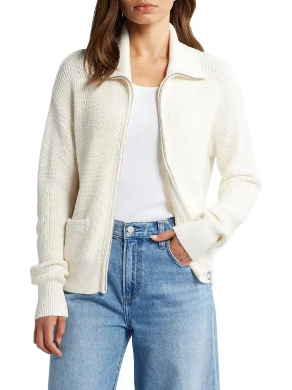Caslon Cotton-blend Zip-up Cardigan - Ivory Pristine
