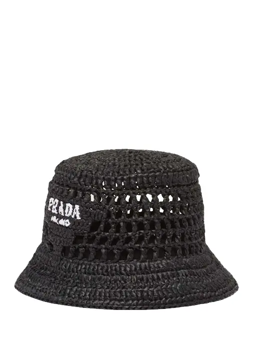 Prada Raffia Bucket Hat - Black/white