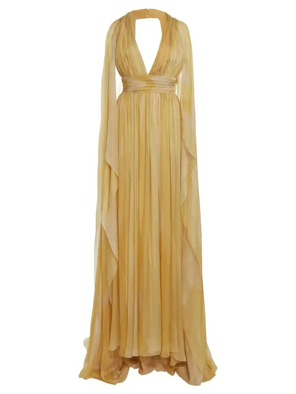Elie Saab Printed Silk Capelet Gown - Gold