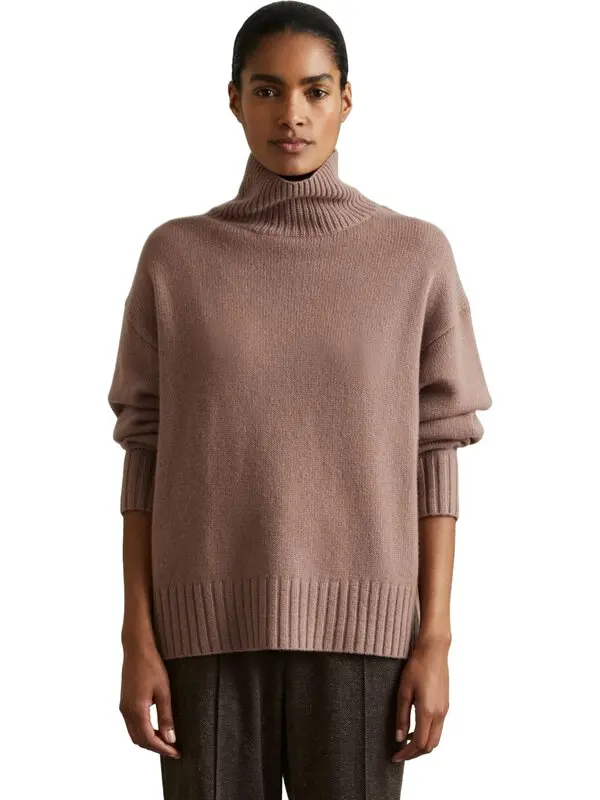 REISS Corrine 100% Cashmere Roll Neck Jumper - Mink