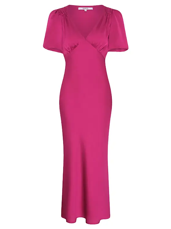 OMNES Satin Maxi Dress With Puff Sleeves - Magenta
