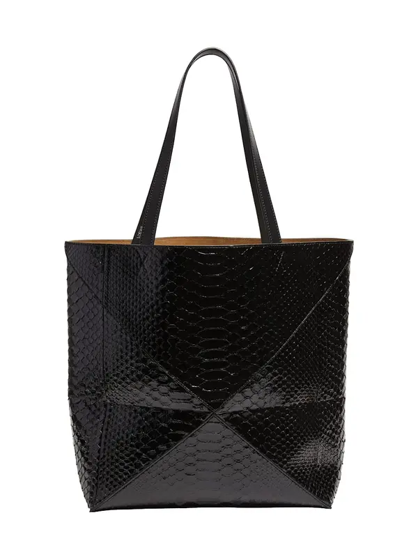 Loewe Puzzle Fold Large Patent Python-embossed Tote Bag - Black