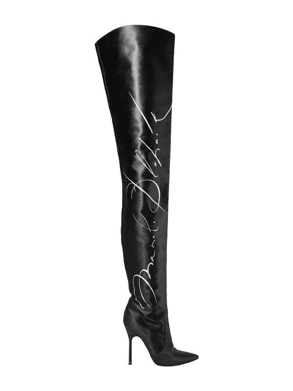 Vetements Printed Satin Thigh Boots - Black