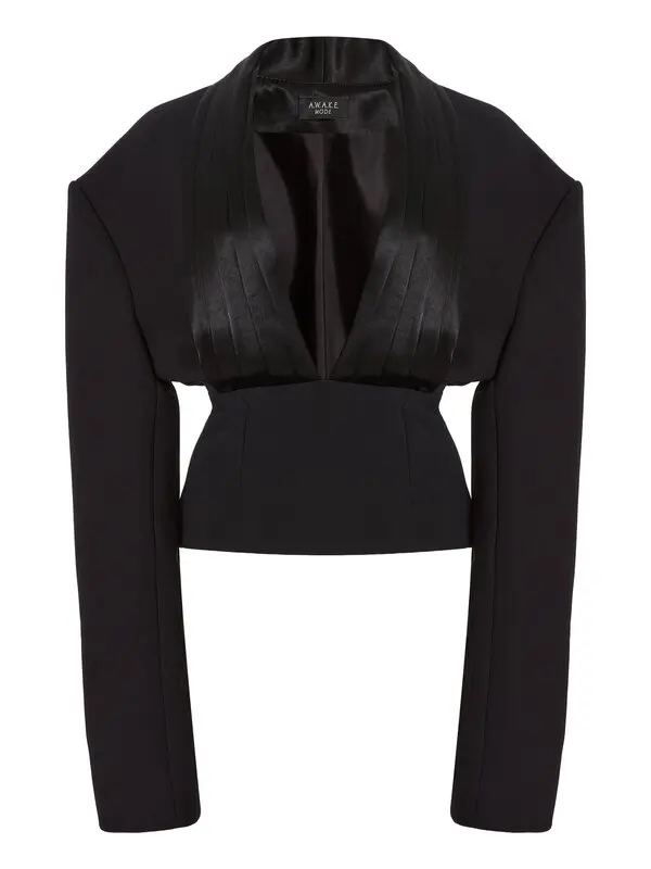 A.W.A.K.E. Mode Crepe Tuxedo Top With Cummerbund Collar - Black
