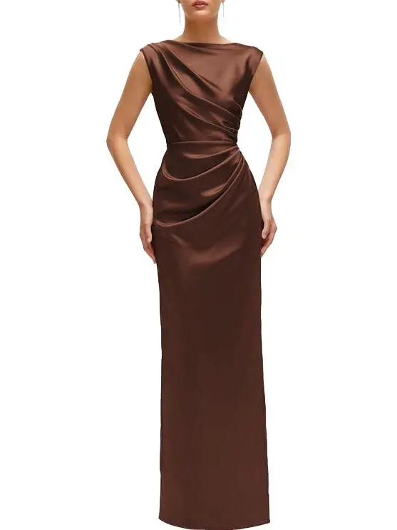After Six Pleated Cap-sleeve Charmeuse Gown - Cognac