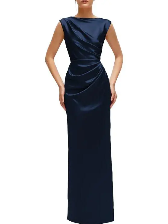 After Six Pleated Cap-sleeve Charmeuse Gown - Midnight