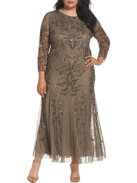 Pisarro Nights Embellished Three-quarter Sleeve Gown - Mocha