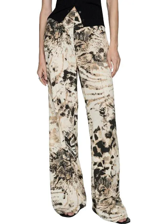 Mango Animal Print Wide Leg Trousers - Ecru