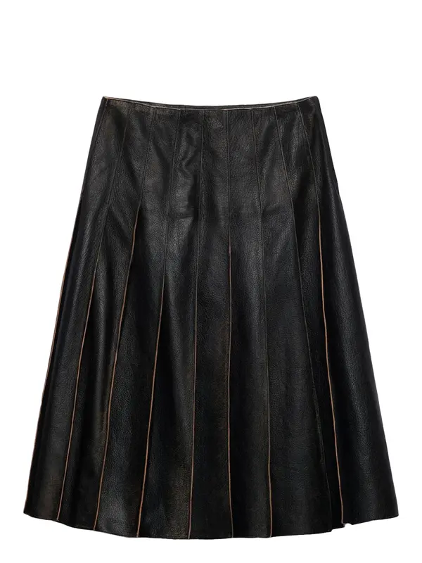Prada Pleated Leather Midi Skirt - Black