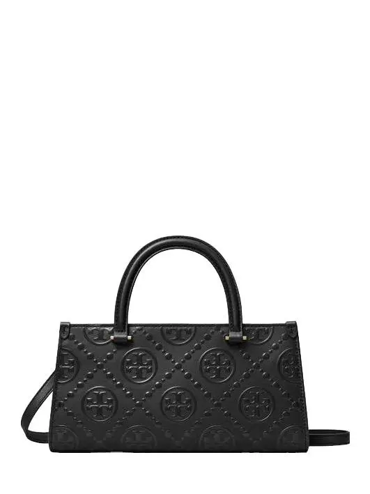 Tory Burch Small T Monogram Embossed Leather Tote - Black
