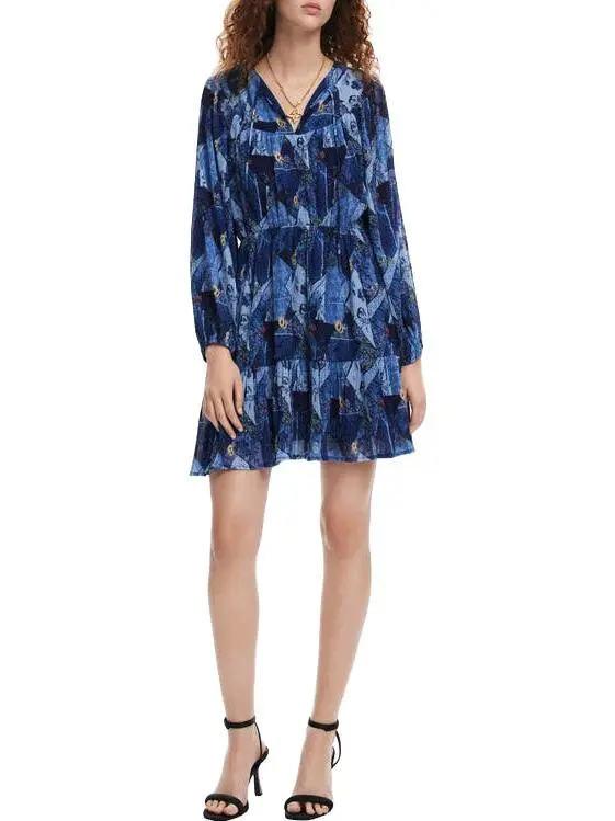 Desigual Luca Long Sleeve Plissé Dress - Blue