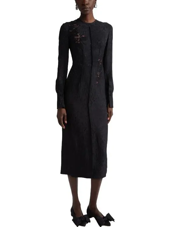 Erdem Long Sleeve Guipure Lace & Floral Satin Midi Dress - Black