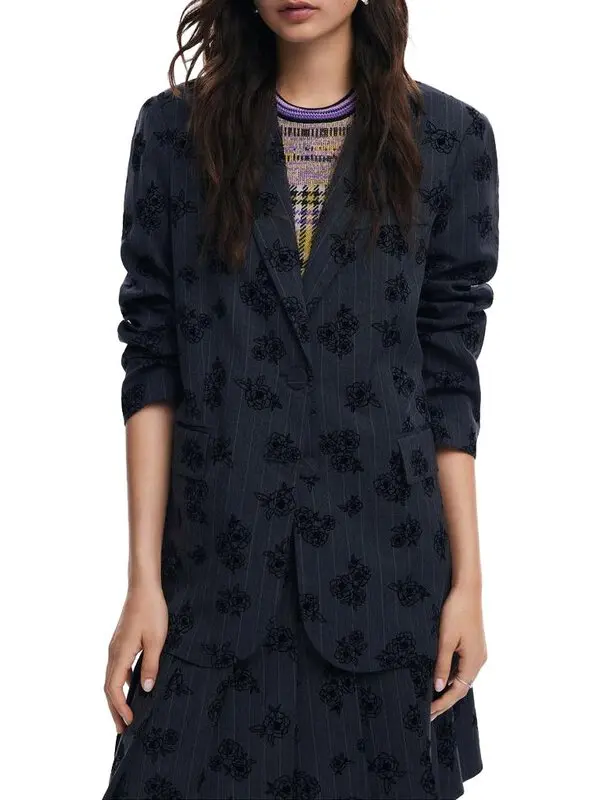 Desigual Floral Embroidered Pinstripe Jacket - Black