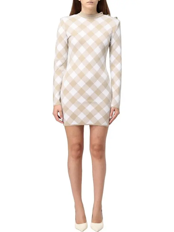 Balmain Knit Plaid Dress - Beige