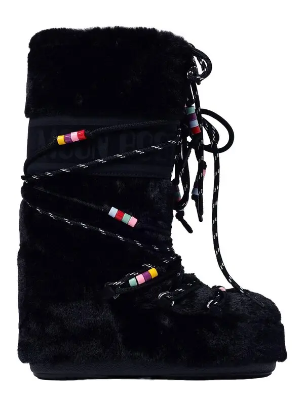 Moon Boot Furry Lace-up Boots - Black