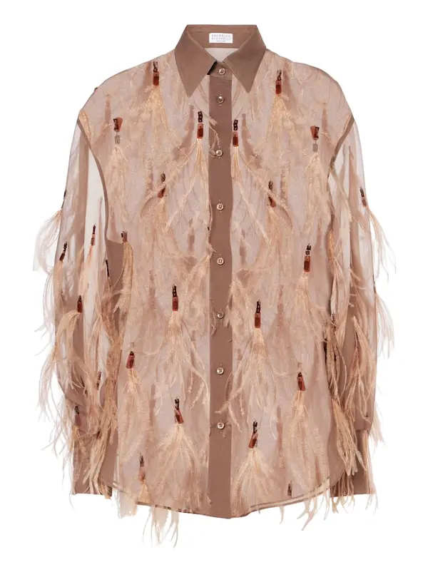 Brunello Cucinelli Feather-trimmed Silk Organza Shirt - Brown