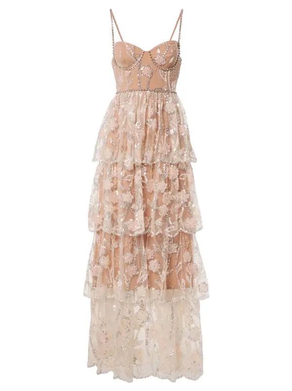 SELF-PORTRAIT Embellished Tiered Corset Gown - Pink