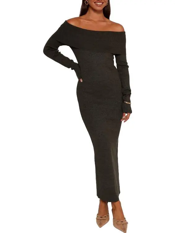 PETAL & PUP Archie Off-the-shoulder Maxi Sweater Dress - Olive
