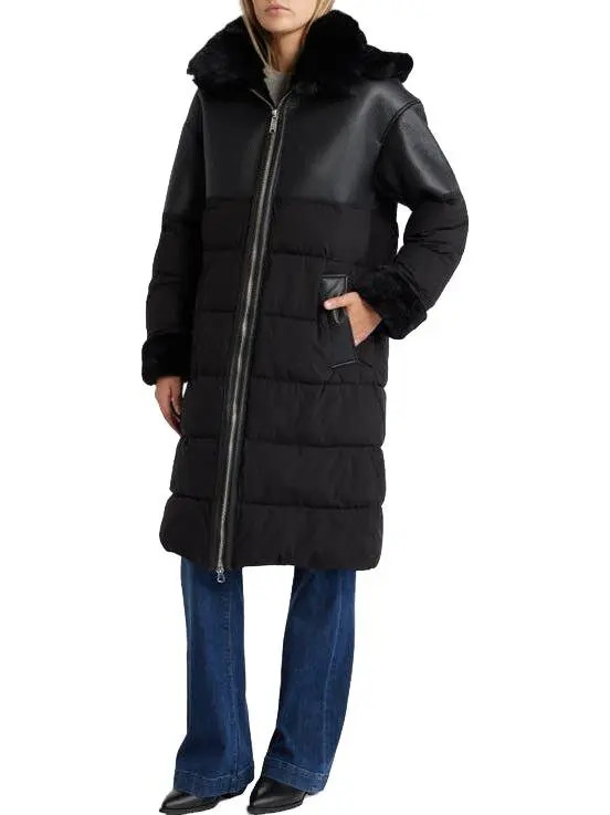 Sam Edelman Mixed Media Faux Shearling Puffer Coat - Black