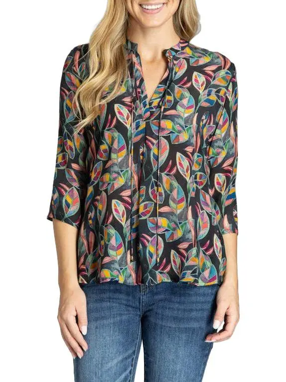APNY Print Tassel Split Neck Chiffon Top - Black Leaves Multi